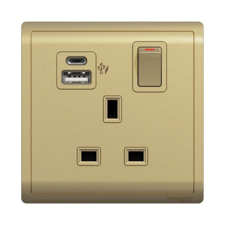 Pieno 13A 單位連保護門有掣雙極插座連兩位USB充電插座 Type A+C – 香港建材批發市場